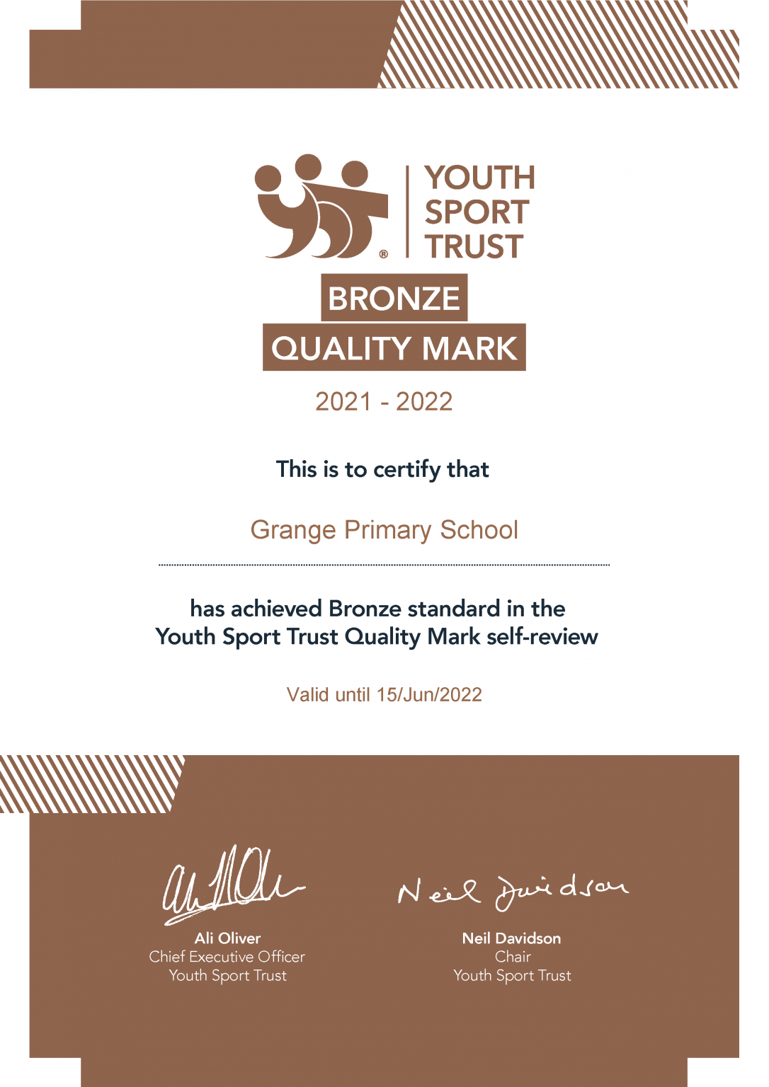 Bronze Award achieved from the Youth Sport Trust - Grange Primary School
